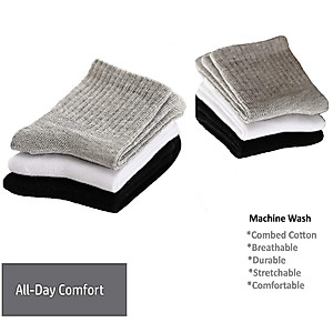 Oohmy Boys Socks 12-Pack Boys' and Girls Unisex Socks Cotton Athletic Ankle Socks Kids Toddler (Mid-Gray, XL (13-15 years old))