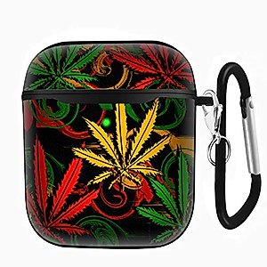 Slim Form Fitted Printing Pattern Cover Case with Carabiner Compatible with Airpods 1 and AirPods 2 / Psychedelic Abstract Marijuana Leaf Pattern
