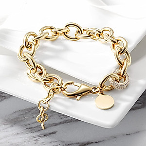Jinbaoying CZ Wide Cuban Curb Link Bracelets for Women Adjustable Extenders Chunky Bracelet Gold Silver Rose Gold Plated Stainless Steel Link Charm Chain with Round Disc Charm (Small Disc Gold)