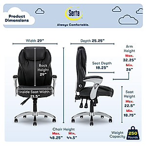 Serta Ergonomic Leather Computer Chair with Layered Memory Foam, Contoured Lumbar, Pillowed Headrest Executive Adjustable Office, Black 25.25D x 29W x 44.5H in