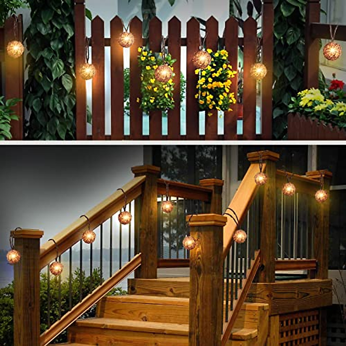 LIDORE 10 Counts Brown Rattan Balls String Light. Warm White Light Brown Cord for Patio Garden and Summer Party