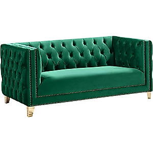 Meridian Furniture 652Green-L Michelle Collection Modern | Contemporary Loveseat with Deep Button Tufting, Nailhead Trim and Sturdy Gold Iron Legs, 66" W x 34" D x 30" H, Green