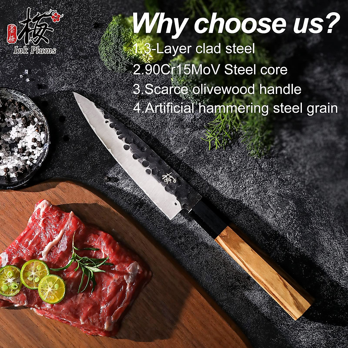 Ink Plums 5.7 Inch Paring Knife For Kitchen,Utility Knife,Sharp High Carbon Stainless Steel Fruit Knife With Olivewood Handle,Handcrafted Peeling Knife, Fruit Knife