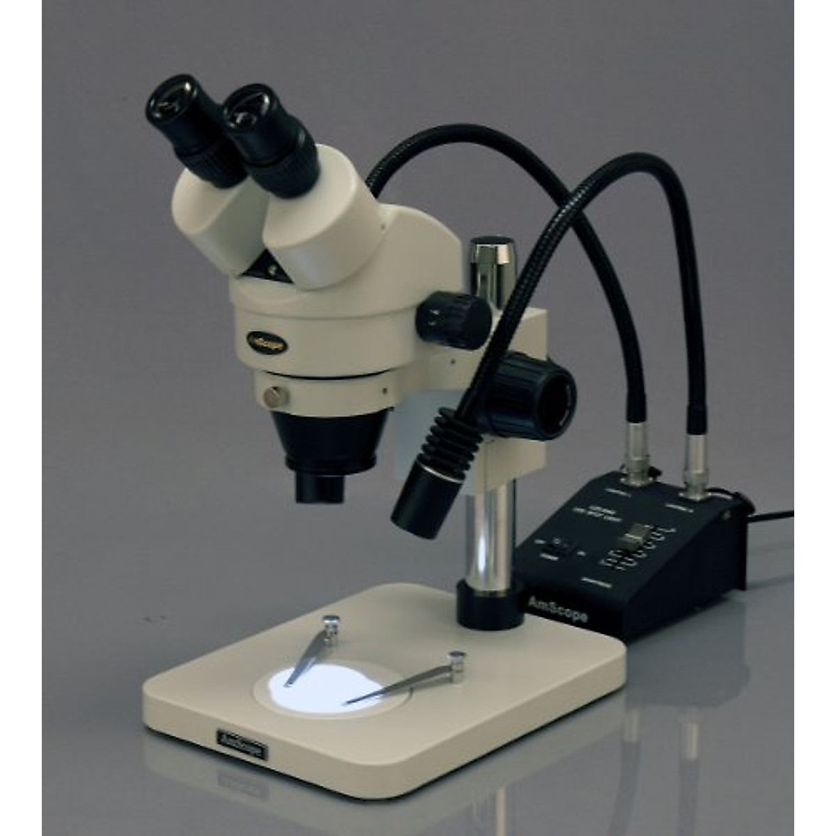 AmScope SM-1BSW2-L6W Professional Binocular Stereo Zoom Microscope, WH10x Eyepieces, 3.5X-225X Magnification, 0.7X-4.5X Zoom Objective, 6W LED Gooseneck LED Light, Pillar Stand, 110V-240V