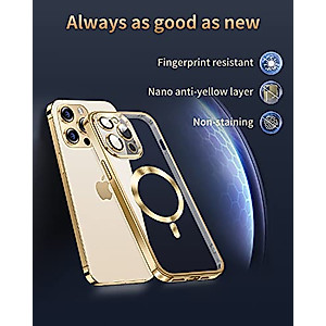 AICISINGN Magnetic Clear Case for iPhone 14 Pro Max with Full Camera Lens Protector Slim Soft TPU Military Grade Drop Protection Case Cover Compatible with MagSafe for Women Girls 6.7"-Gold