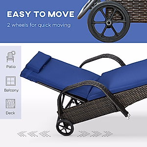 Outsunny Wicker Outdoor Chaise Lounge Set of 2, 5-Level Adjustable Backrest PE Rattan Pool Lounge Chair with Wheels, Cushion & Headrest, Brown and Dark Blue