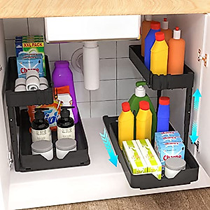 Adjustable Height Under Sink Organizers and Storage, 2 Tier Slide Out Shelf Under Cabinet Kitchen Storage with 4 Hooks, Pull Out Under Sink Organizer for Kitchen Bathroom Counter Office Pantry