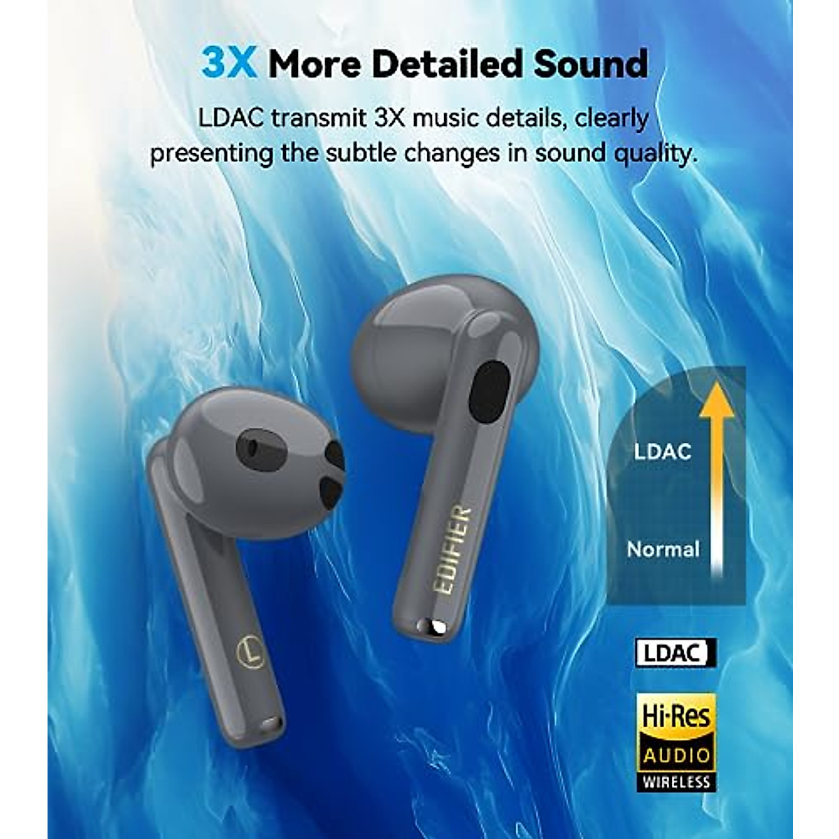 Edifier W320TN Adaptive Active Noise Cancelling Earbuds, LDAC & Hi-Res Audio Wireless, 6 Microphones AI Call Noise Cancellation, in-Ear Detection, App Control, Fast Charge, IP54, Bluetooth 5.3 - Gray