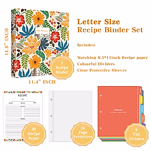 SUPMIND Recipe Binder 8.5" x 11" 3 Ring Full Page-Make Your Own Cookbook Binder with Plastic Page Protectors, Color Printing Paper and Full Page Dividers for Family Recipes.