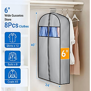 KIMBORA 6" Gusseted Garment Bags for Hanging Clothes, 40" Suit Bags for Closet Storage and Travel, Garment Covers With Clear Windows for Clothing, Coats, Jackets, Shirts (Grey, 3 Packs)