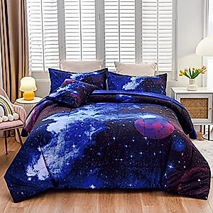 A Nice Night Galaxy 6Pcs Bedding Sets Outer Space Comforter Bed in a Bag 3D Printed Quilt,for Children Boy Girl Teen Kids,Full 6Pcs