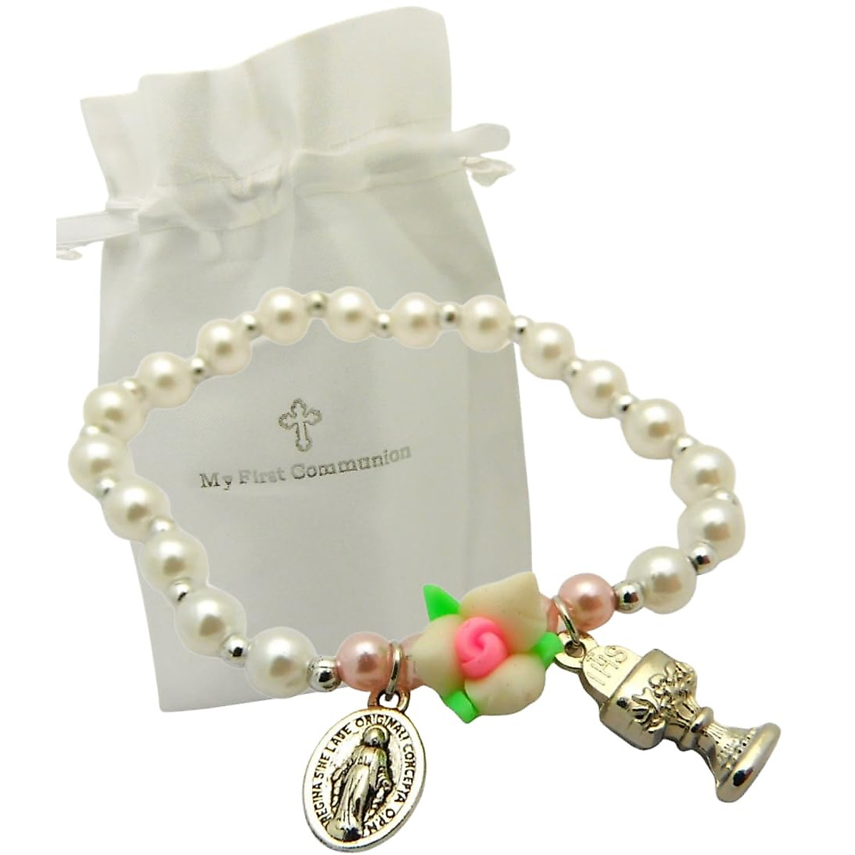 First Communion Rosary Bracelet Rose Stretch Wrist Fashion for Girls with Holy Prayer Card and Bag Gift Set