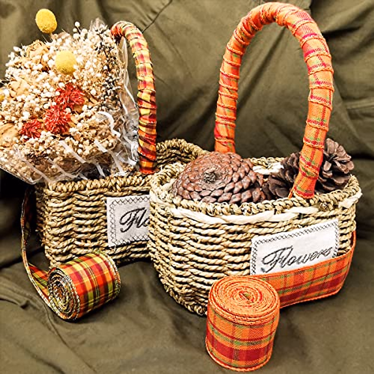 Wired Edge Autumn Buffalo Plaid Ribbon Fabric Burlap Ribbon for DIY Craft Wrapping Thanksgiving Decoration 6.56 Yard (Golden Edge Green Orange Yellow Plaid 5 cm)