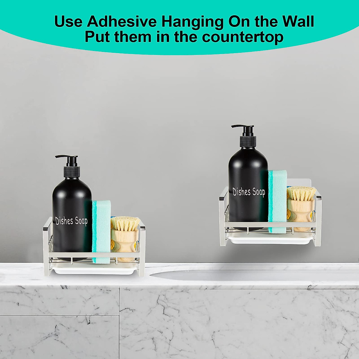 TEZZ Sponge Holder for Kitchen Sink- Stainless Steel Kitchen Storage Sink Caddy for Organizing Sponge, Brush & Dish Soap Dispenser, Kitchen Sink Organizer Rack with Adhesive or Counter top, Silver