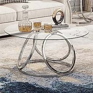 O&K FURNITURE Round Coffee Table, Modern Silver Coffee Table Living Room Table with Ring-Shaped Frames, Glass Coffee Table for Home&Office, Chrome Finish, 1 PC
