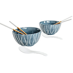 Ramen Bowl Set, Hand Painted, comes with 2 Ramen Bowls 2 Spoons and 2 Chopsticks, Ramen Bowl with Chopsticks, Pho Bowl, Noodle Bowl, Soup Bowl