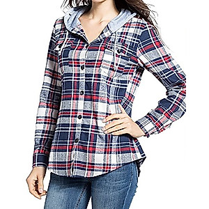 BOMDEALS Women's Classic Plaid Cotton Hoodie Button-up Check Shirts (M,Gray)