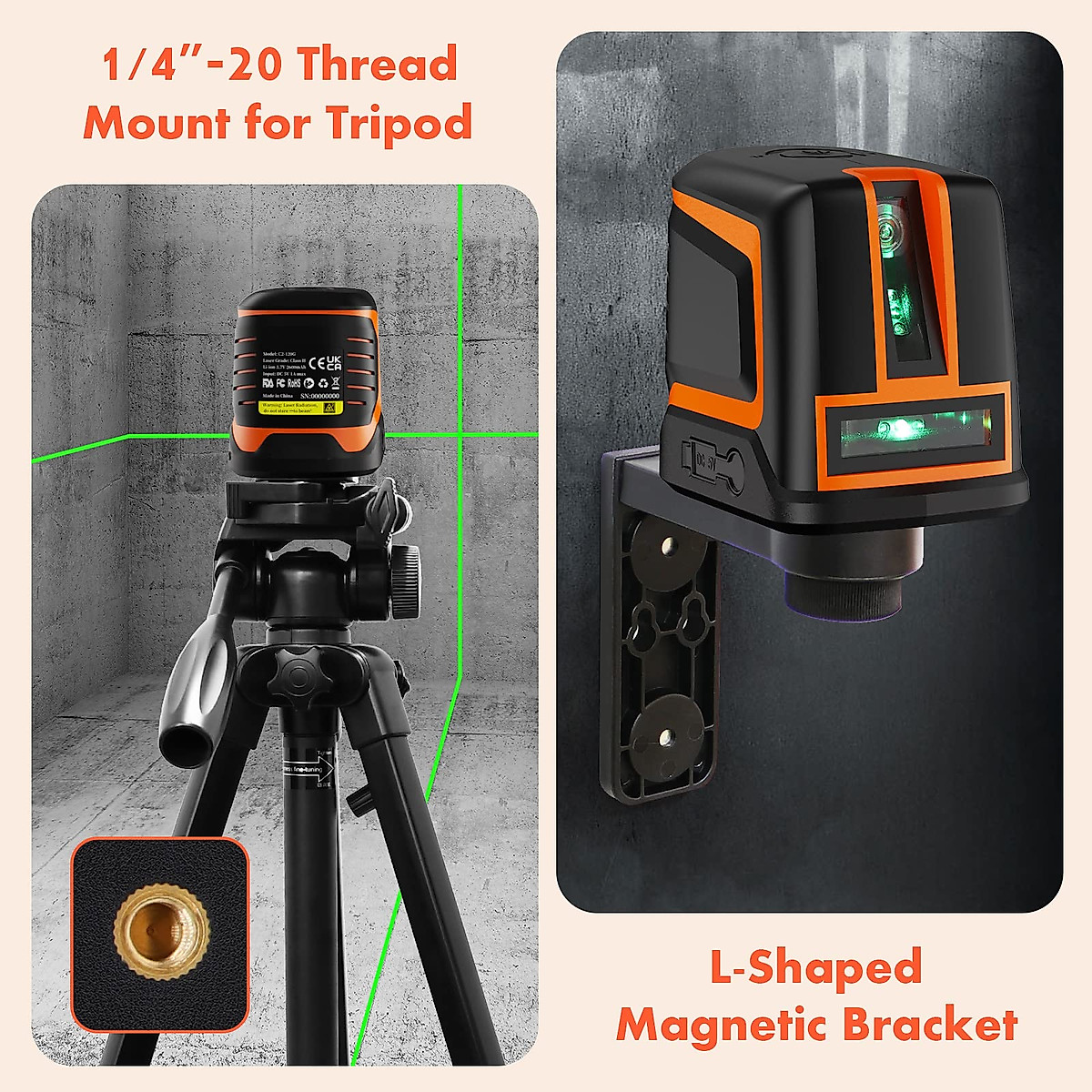DOVOH Rechargeable Laser Level Self Leveling, High Accuracy Cross Line Laser Level Green 66ft Horizontal & Vertical Expanded Angle 150° Electronic Lazer Level for Tiling, C2-120G