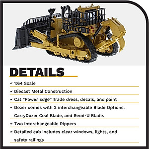 1:64 Scale Caterpillar D11 Dozer with 2 Blades and Rear Rippers - Construction Metal Series by Diecast Masters - Comes with JEL Blade Attachment - Made of Diecast Metal with Plastic Parts