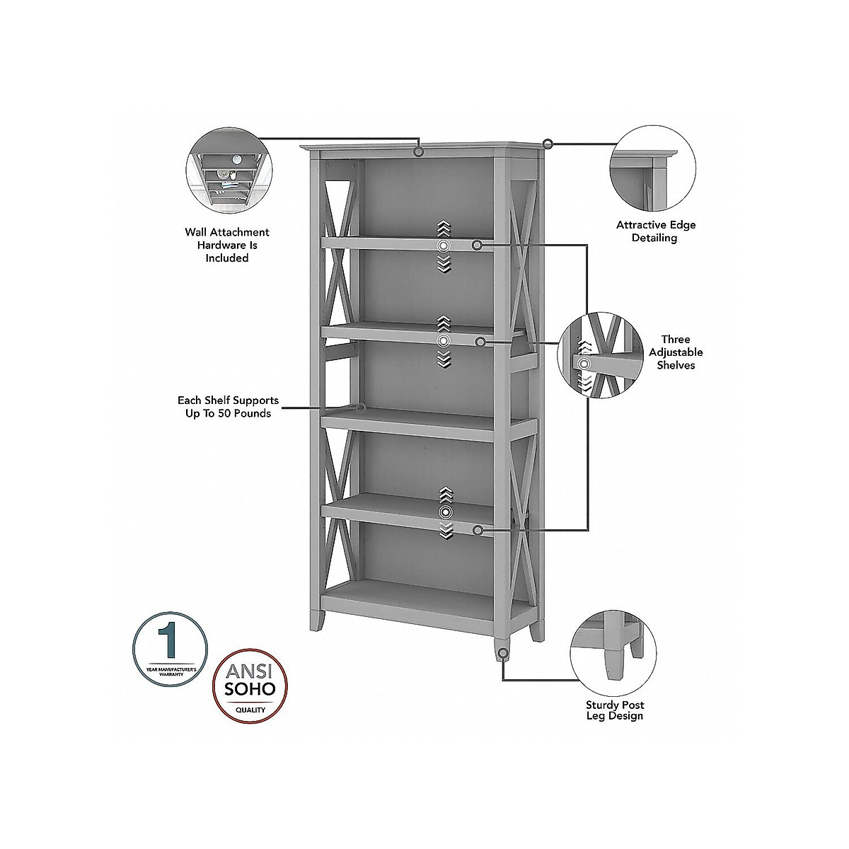 Bush Furniture Key West Bookcase Shelf in Cape Cod Gray | Farmhouse Bookshelf Display Cabinet for Library, Bedroom, Living Room, and Office