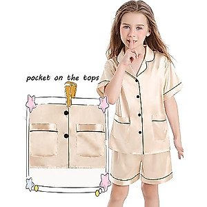 SWOMOG Kids Satin Pajamas Set 3Pcs Girls Boy Silk Pjs Set with 2 Pockets Short Sleeve Cute Button Down Sleepwear 4T-13T Champagne