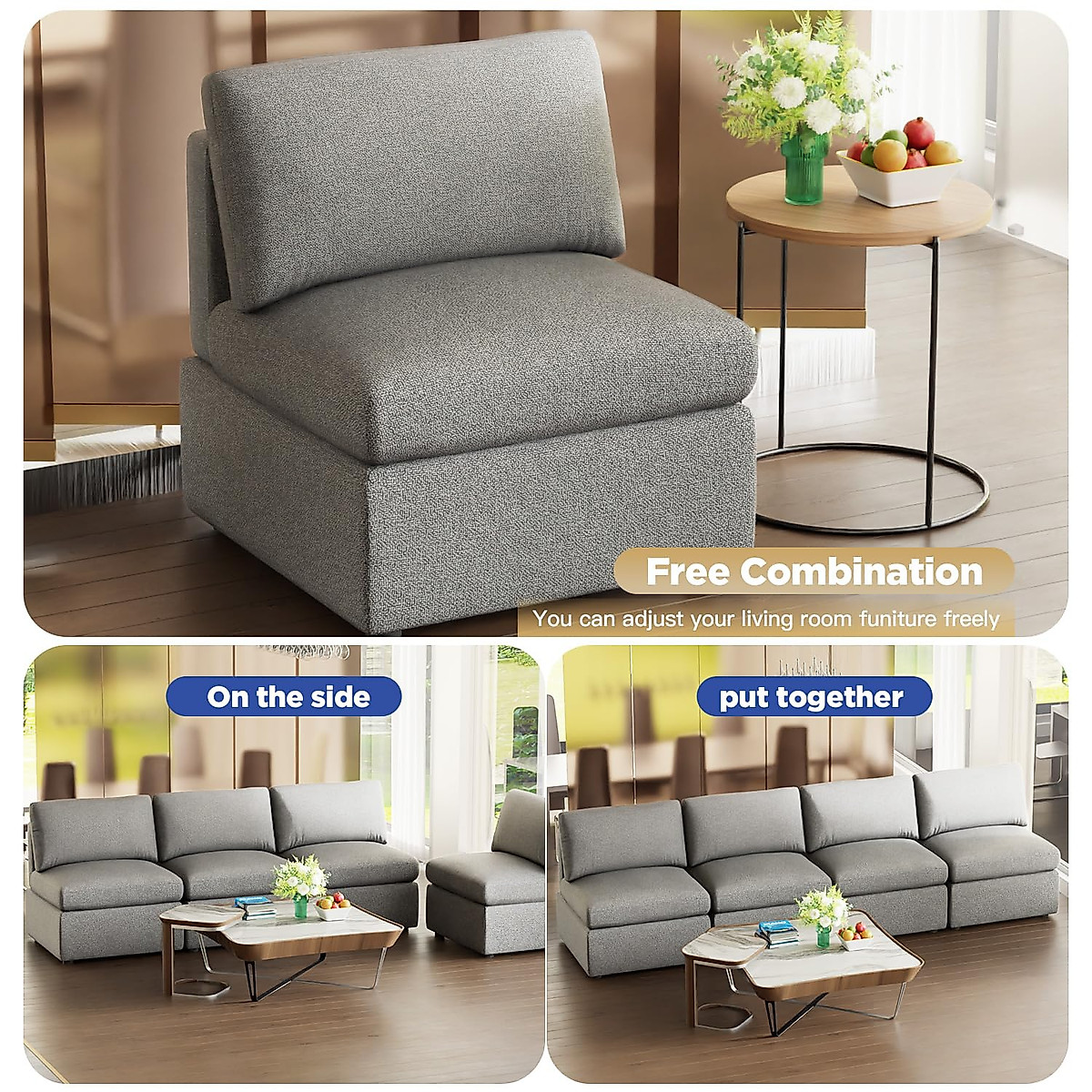 PayLessHere Single Sofa Couch 1-Seat Sofa Convertible Sofa Modular Single Sectional Sofa Couch for Living Room Bedroom Office (Gray)