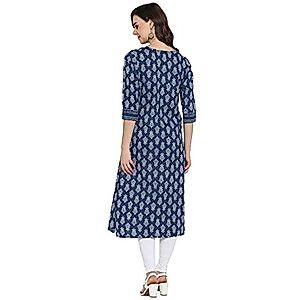 Janasya Women's Blue Printed Cotton Kurta