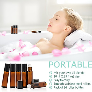 mavogel 24, 10ml Roller Bottles for Essential Oils - Amber, Glass with Stainless Steel Roller Balls (3 Extra Roller Balls, 54 Pieces Labels, Opener, Funnel, Dropper, Brush Included)