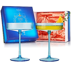 Rose Pink Ribbed Coupe Cocktail, Champagne & Martini Glasses 8 oz | Set of 2 | Retro Style Classic Manhattan Glasses For Cocktails, Ripple Coupe Glasses, Art Deco Gatsby Vintage, Crystal with Stems