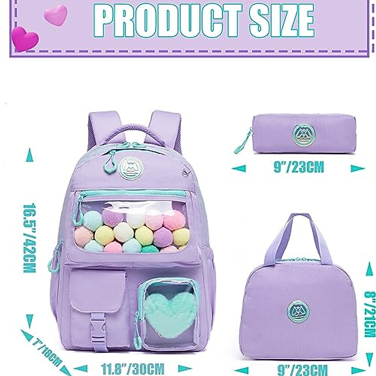 ZBAOGTW Cute Backpack for Girls, Aesthetic Clear School Backpack with Lunch Box, Casual Backpack for Elementary School Teens Back to School Supplies