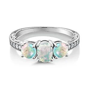 Gem Stone King 10K White Gold White Opal and White Lab Grown Diamond 3 Stone Engagement Ring For Women (2.04 Cttw, Oval Cabochon Gemstone October Birthstone, Available in size 5, 6, 7, 8, 9)