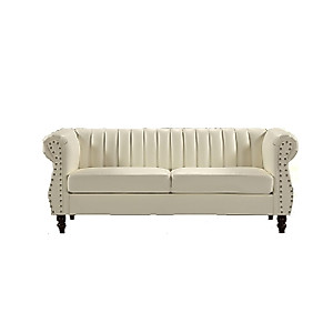 Container Furniture Direct Chesterfield-Inspired 77" Faux Leather Sofa with Elegant Design, Gourd Legs, and Sustainable Pleather Upholstery, 3 Seater Couch for Living Rooms and Offices, Cream White