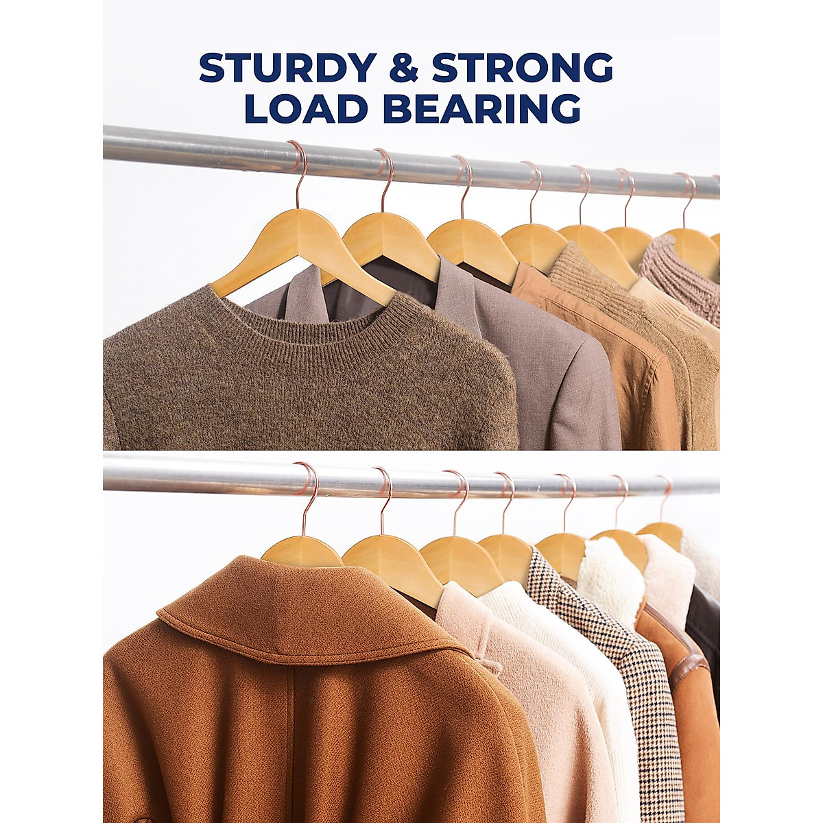 Smartor Wooden Hangers 10 Pack, Durable Coat Hanger Wood Hangers with Bar, Premium Suit Hangers for Men Women - Heavy Duty Hangers Pants Hanger Set with 360° Rose Gold Rotatable Hook, Natural