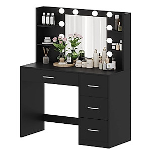 Irontar Vanity Desk, Makeup Vanity with 10 LED Lights and 4 Drawers, Brightness Adjustable, Dressing Table with 6 Shelves, Vanity Table for Women, Black WDT003B
