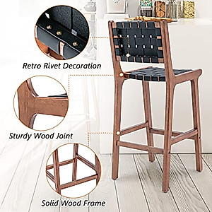 Bonzy Home 28" Woven Bar Stools Set of 2, Faux Leather Kitchen Stool Chairs with Back and Wooden Legs, Comfy Bar Chairs Bar Height Stools for Kitchen Island, Black