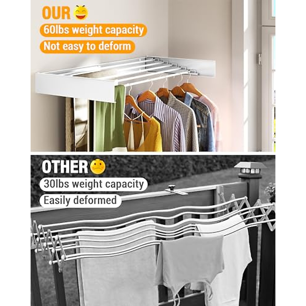 Wall Mounted Drying Rack, 31.5" Wide, 13.2 Linear Ft, 100% Aluminum Rods Space Saving Clothes Drying Rack with Wall Template for Indoor & Outdoor Organization, 60 lb Capacity (White 31.5" Medium)