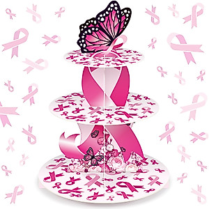 Cholemy Breast Cancer Awareness Party Decoration 3 Tier Round Cardboard Cupcake Stand Pink Ribbon Dessert Cupcake Decoration Cancer Awareness Serving Tray for Women Breast Cancer Survivors Gift