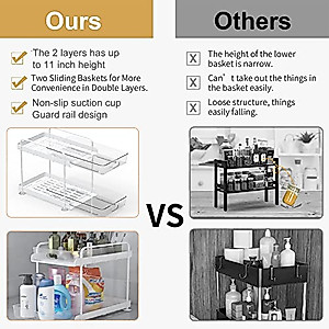 Alwytlon Pull Out Under Sink Organizer, Sliding Cabinet Basket Organizer, 2 Tier Clear Under Bathroom Storage Rack with Hooks, Multi-purpose Storage Shelf for Bathroom Kitchen, transparent & White