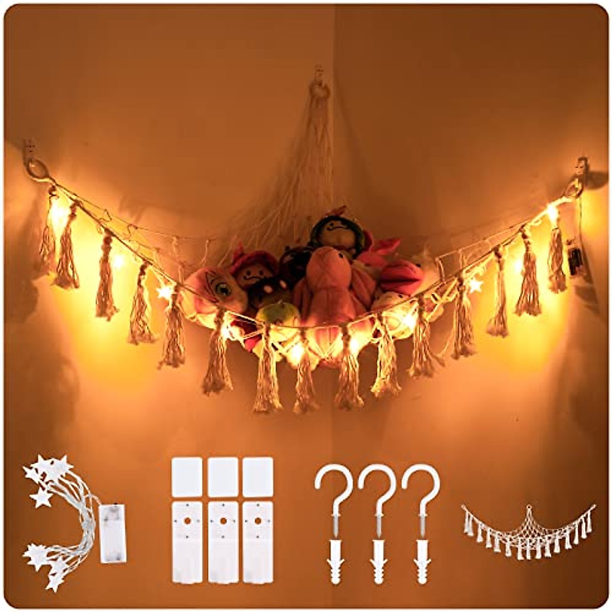 Large Stuffed Animal Hammock Net with LED Light, VeYocilk Boho Macrame Toy Net Hammock for Stuffed Animals Kids Nursery Bedroom Corner