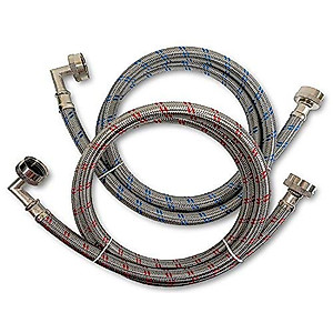 Premium Stainless Steel Washing Machine Hoses with 90 Degree Elbow, 5 Ft Burst Proof (2 Pack) Red and Blue Striped Water Connection Inlet Supply Lines