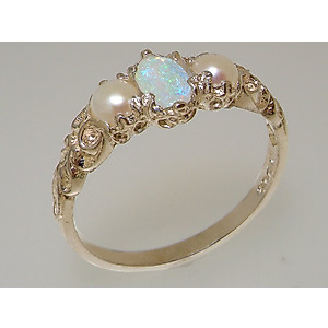 LetsBuyGold 925 Sterling Silver Natural Opal & Cultured Pearl Womens Trilogy Ring - Size 6.75