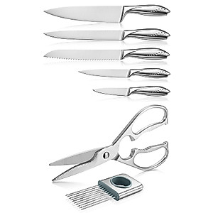 WELLSTAR Sharp Kitchen Knives 5 Piece Set, Chef Carving Bread Utility Paring Knife + Come Apart Heavy Duty Chicken Meat Scissors Shears with German Stainless Steel Blade + Onion Slicing Holder