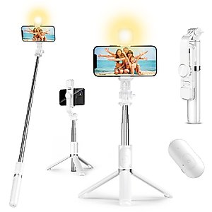 Ambertronix 40" Lighted Selfie Stick Tripod, Removable Bluetooth Remote, 3 Light Modes, 6 Brightness Levels, Lightweight, Portable, Compatible with All iPhone & Android Devices, White (2022Upgrade)