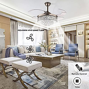 Modern Dimmable Fandelier Crystal Ceiling Fan with Lights and Remote Invisible Retractable Chandelier Fan Light LED Lighting-Polished Chrome 36 inch…
