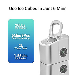 Countertop Ice Maker, Chewable Pebble Portable Ice Maker Machine, 9 Cubes Ready in 6 Mins, 26lbs/24H, Self-Cleaning Ice Machine with Ice Scoop and Basket, for Home Kitchen Office Bar Party