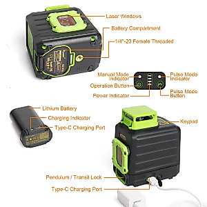 Huepar Cross Line Laser Level, Green 360° Horizontal and Two Vertical Lines, Self-Leveling Alignment Multi Line Laser Tool, Li-ion Battery with Type-C Charging Port & Hard Carry Case Included - B21CG