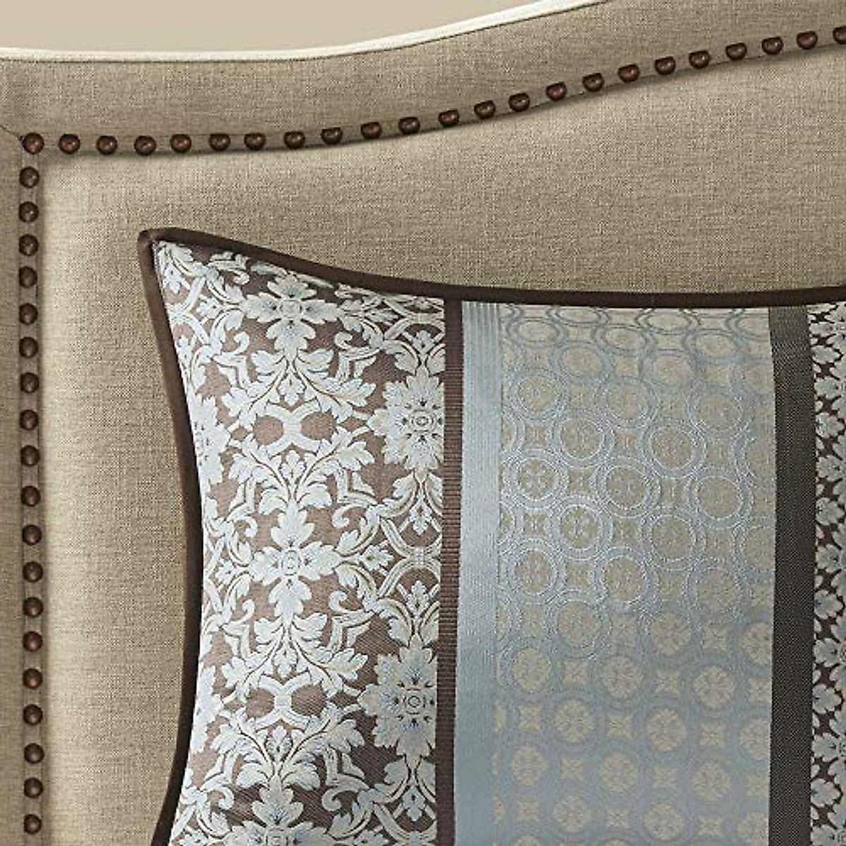 Madison Park Cozy Comforter Set - Luxurious Jaquard Traditional Damask Design, All Season Down Alternative Bedding with Matching Shams, Decorative Pillow Princeton Blue Queen(90"x90") 7 Piece