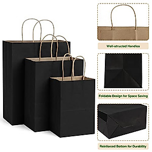 Poever Black Kraft Paper Bags with Handles 5x3x8 & 8x4x10 & 10x5x13 30 PCS, Gift Bags Shopping Bags Goody Bags Recyclable for Birthday Party Takeouts Retail Grocery