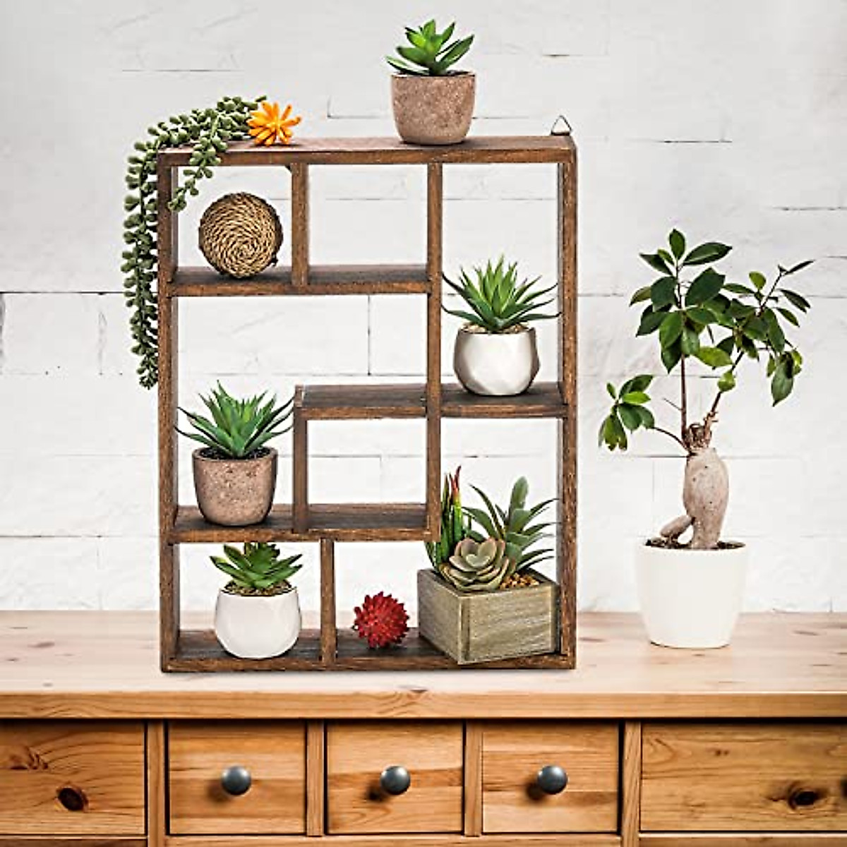 WUWEOT Wood Shadow Box, 15" x 12" Cubes Display Shelf, Freestanding & Wall Mountable Floating Shelves, 7-Compartment Knickknack Display Organizer