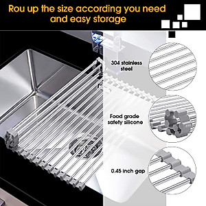 KIBEE Dish Drying Rack, 304 Stainless Steel Roll Up Over The Sink Drainer for Cups Fruits Vegetables,Gadget Tool for Many Kitchen Task(17.75 x 13.75 Gray)